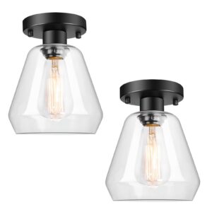 2-pack modern industrial semi flush mount ceiling light with clear glass shade, black farmhouse ceiling light fixtures for hallway bedroom porch kitchen corridor, e26 socket, bulbs not included