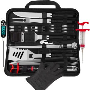 romanticist 26pcs grilling accessories kit for men women, stainless steel heavy duty bbq tools with glove and corkscrew, grill utensils set in portable canvas bag for outdoor,camping,backyard,black