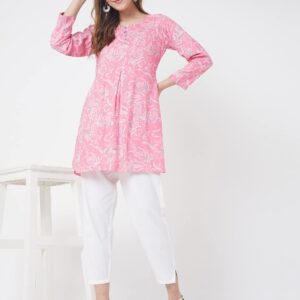 Tissu Women's Baby Pink & White Printed Tunic (Pink_3XL)