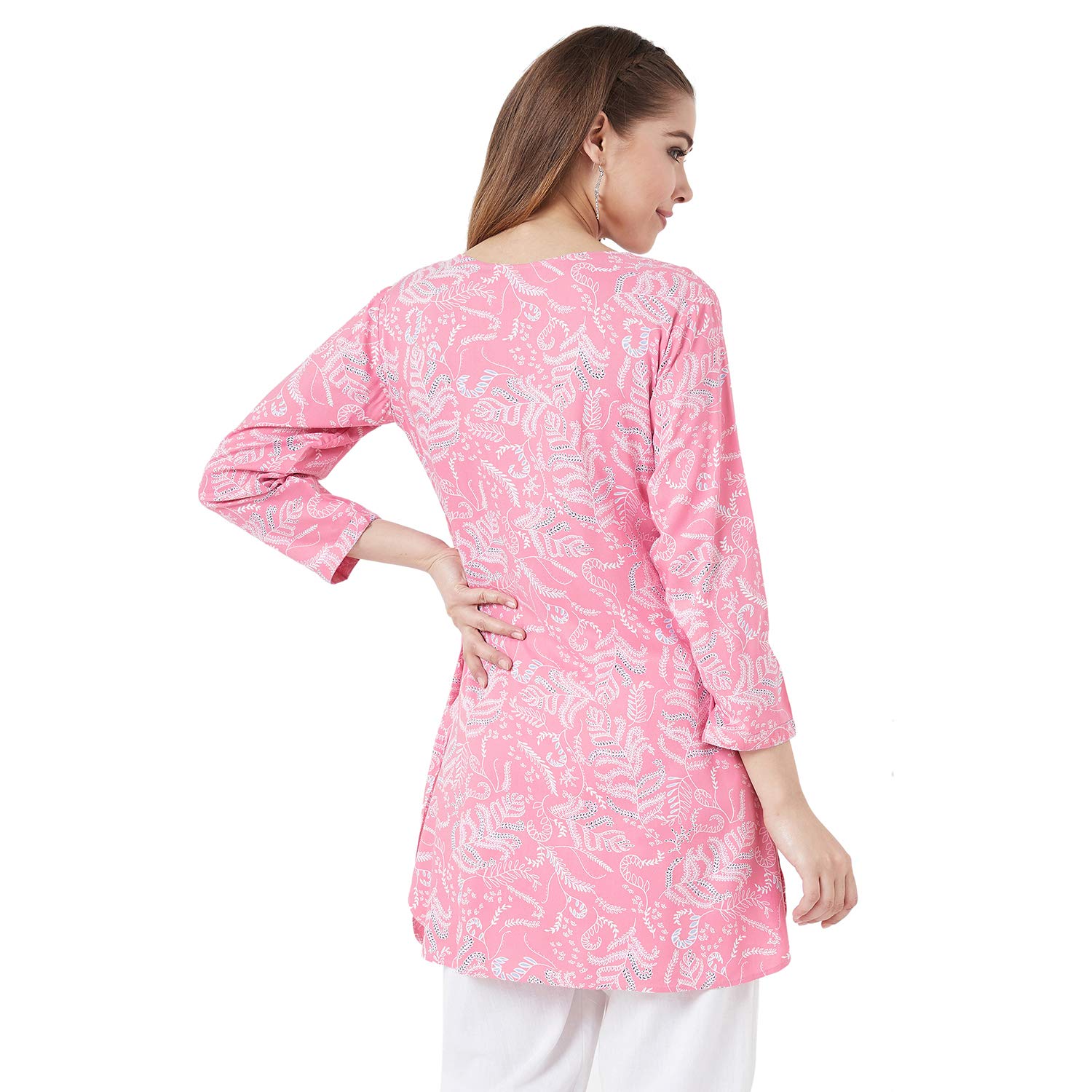 Tissu Women's Baby Pink & White Printed Tunic (Pink_3XL)