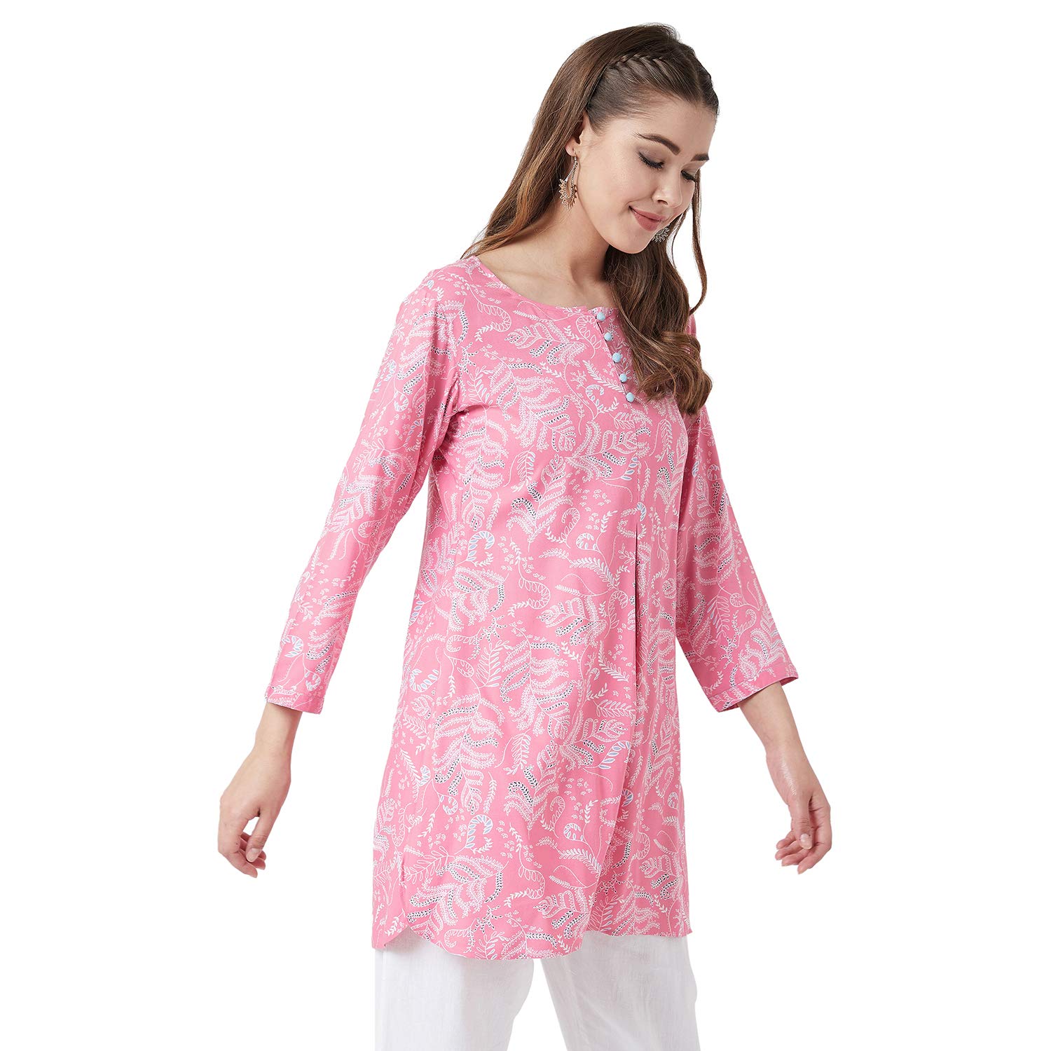 Tissu Women's Baby Pink & White Printed Tunic (Pink_3XL)