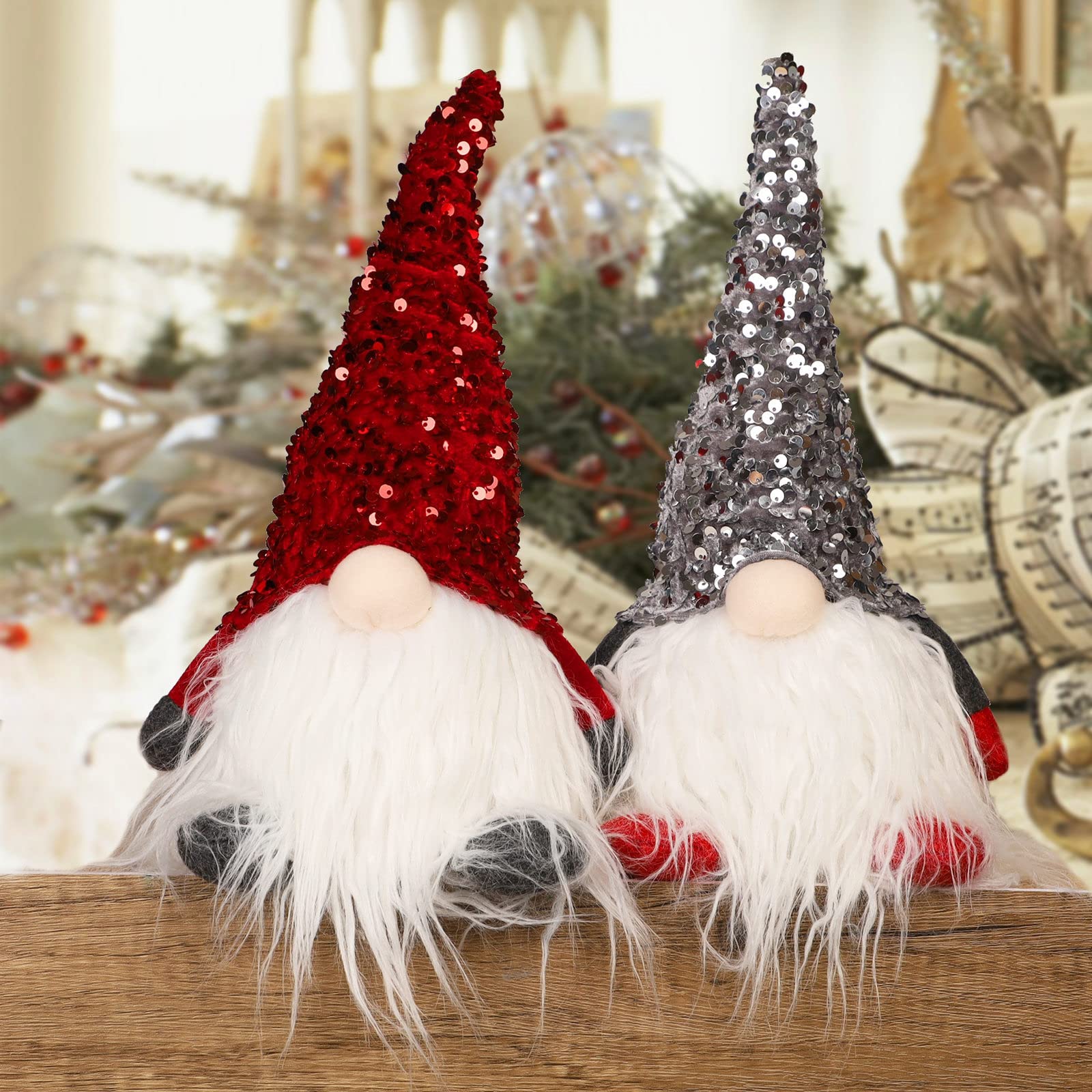 Juegoal 12" Lighted Christmas Gnome, Handmade Sequins Hat Scandinavian Swedish Tomte, Light Up Plush Elf Toy Holiday Present, Battery Operated Winter Tabletop Christmas Decorations, 2 Set