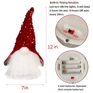 Juegoal 12" Lighted Christmas Gnome, Handmade Sequins Hat Scandinavian Swedish Tomte, Light Up Plush Elf Toy Holiday Present, Battery Operated Winter Tabletop Christmas Decorations, 2 Set