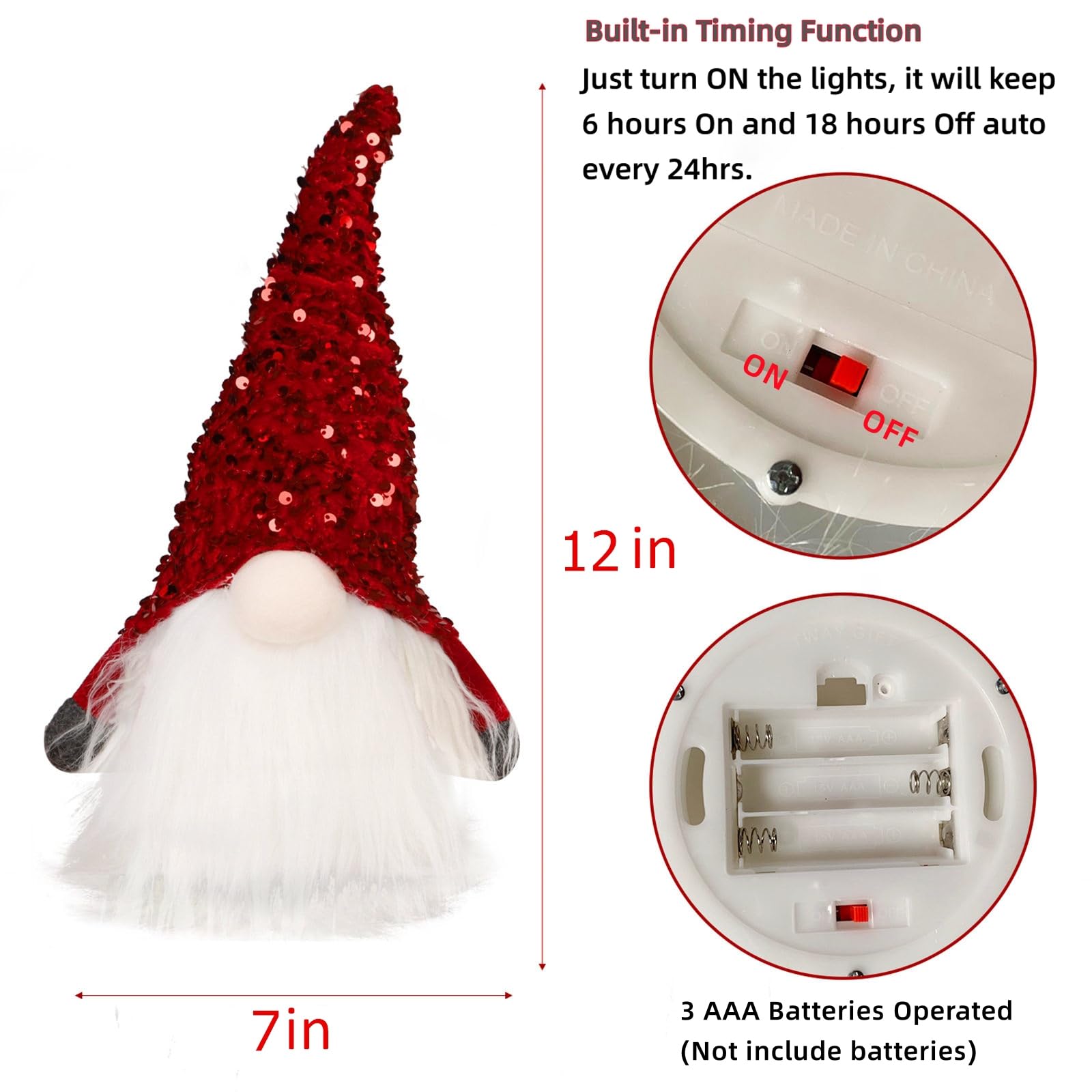 Juegoal 12" Lighted Christmas Gnome, Handmade Sequins Hat Scandinavian Swedish Tomte, Light Up Plush Elf Toy Holiday Present, Battery Operated Winter Tabletop Christmas Decorations, 2 Set