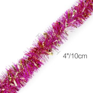 Super Holiday 4" Tinsel Twist Garland, 30Ft Artifical Garland for Christmas Tree, Decorations for 4th of July, Perfect Decoration for Holiday Wendding Birthday Party.(Pink/Gold)