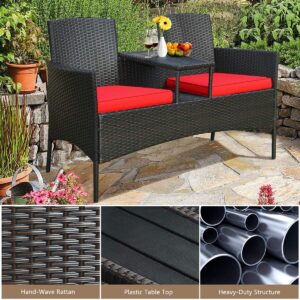 HAPPYGRILL Outdoor Loveseat Patio Rattan Wicker Conversation Set with Removable Cushions, Wicker Sofa Furniture Set with Coffee Table for Garden Lawn Backyard