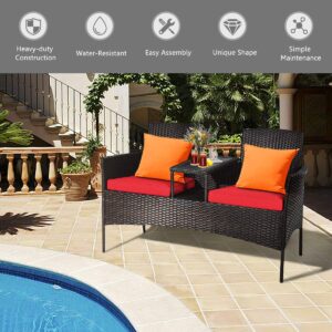 HAPPYGRILL Outdoor Loveseat Patio Rattan Wicker Conversation Set with Removable Cushions, Wicker Sofa Furniture Set with Coffee Table for Garden Lawn Backyard