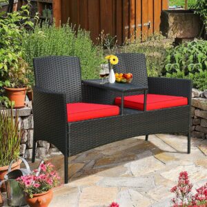 HAPPYGRILL Outdoor Loveseat Patio Rattan Wicker Conversation Set with Removable Cushions, Wicker Sofa Furniture Set with Coffee Table for Garden Lawn Backyard