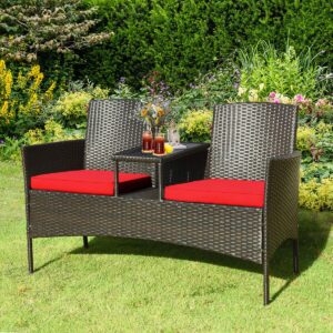 HAPPYGRILL Outdoor Loveseat Patio Rattan Wicker Conversation Set with Removable Cushions, Wicker Sofa Furniture Set with Coffee Table for Garden Lawn Backyard