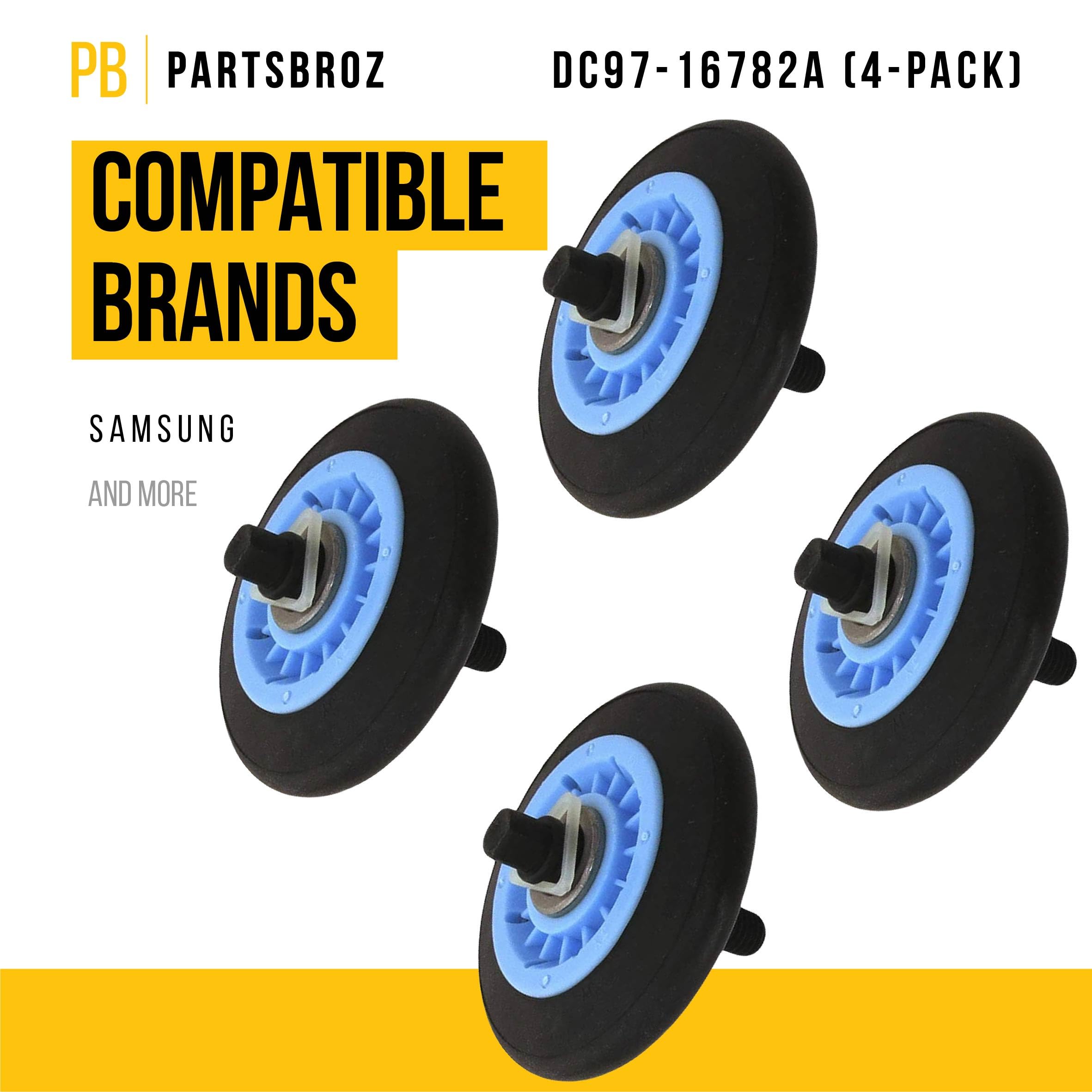 PartsBroz DC97-16782A Dryer Repair Kit, Compatible with Samsung Drum Roller DV45K6500EV/A3 DV48J7700EW/A2 DVE50M7450W/A3 DV42H5200EF/A3 DV210AGW/XAA DV218AEB/XAA DV337AEG/XAA DV45K6200EZ/A3 4-Pack