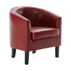 belleze living room chair, faux leather round accent barrel chair, club tub sofa chair for bedroom, corner chair with flared legs and cozy soft padding - highland (red)