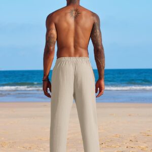 COOFANDY Men's Cotton Linen Baggy Pants Relaxed Fit Vacation Beach Trousers Khaki