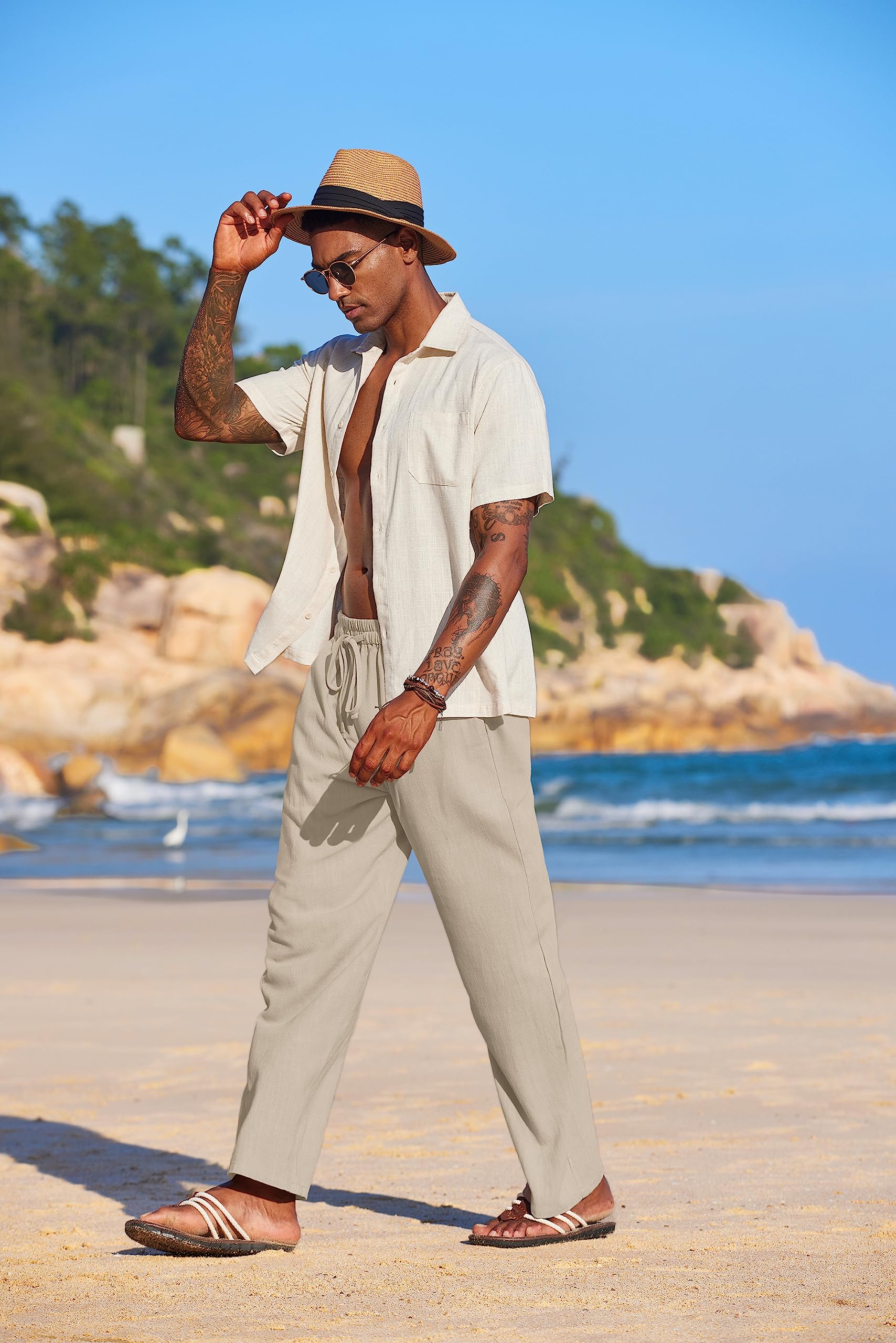 COOFANDY Men's Cotton Linen Baggy Pants Relaxed Fit Vacation Beach Trousers Khaki