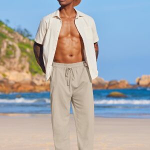 COOFANDY Men's Cotton Linen Baggy Pants Relaxed Fit Vacation Beach Trousers Khaki