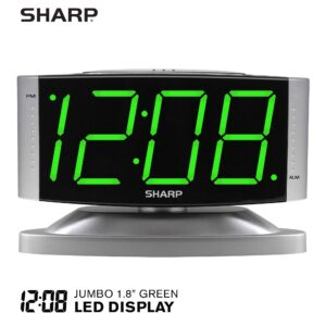 SHARP Home LED Digital Alarm Clock – Swivel Base - Outlet Powered, Simple Operation, Alarm, Snooze, Brightness Dimmer, Big Green Digit Display, Silver Case