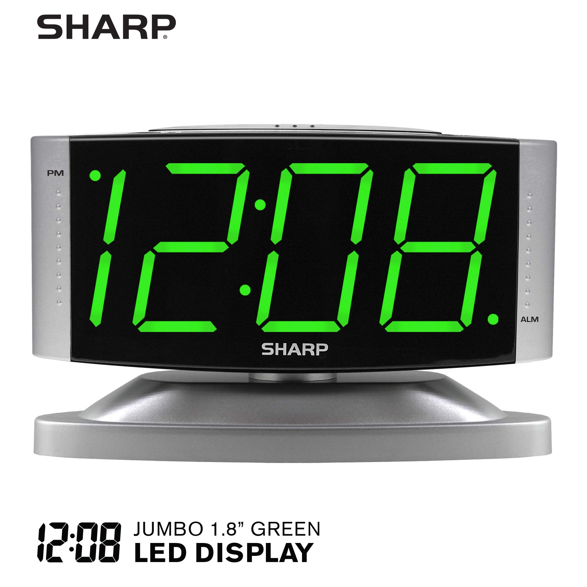 SHARP Home LED Digital Alarm Clock – Swivel Base - Outlet Powered, Simple Operation, Alarm, Snooze, Brightness Dimmer, Big Green Digit Display, Silver Case