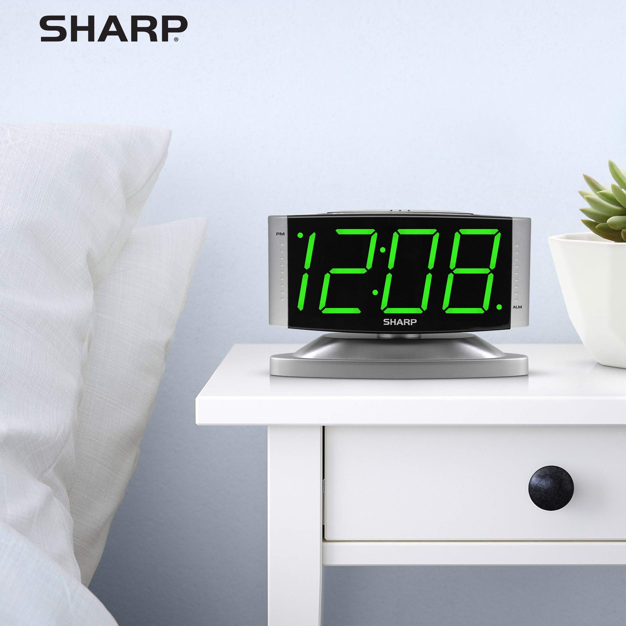 SHARP Home LED Digital Alarm Clock – Swivel Base - Outlet Powered, Simple Operation, Alarm, Snooze, Brightness Dimmer, Big Green Digit Display, Silver Case