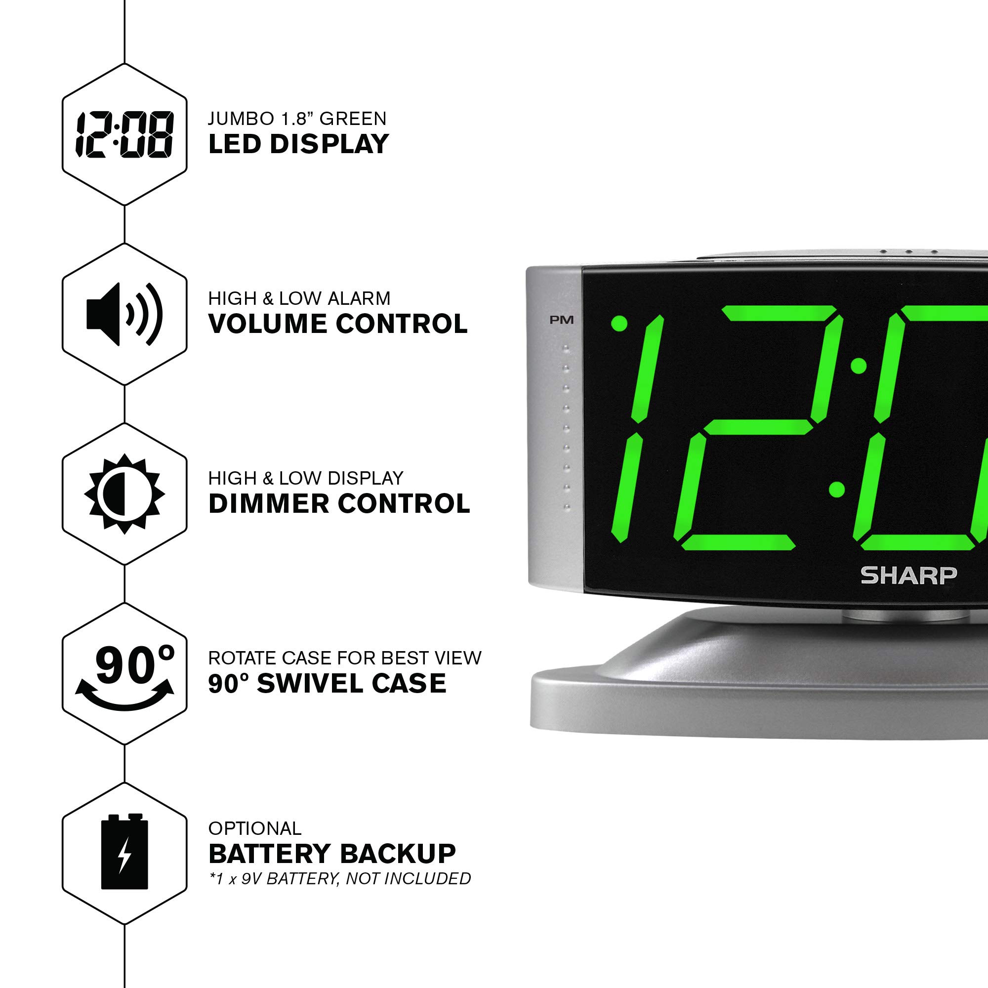 SHARP Home LED Digital Alarm Clock – Swivel Base - Outlet Powered, Simple Operation, Alarm, Snooze, Brightness Dimmer, Big Green Digit Display, Silver Case