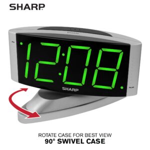 SHARP Home LED Digital Alarm Clock – Swivel Base - Outlet Powered, Simple Operation, Alarm, Snooze, Brightness Dimmer, Big Green Digit Display, Silver Case