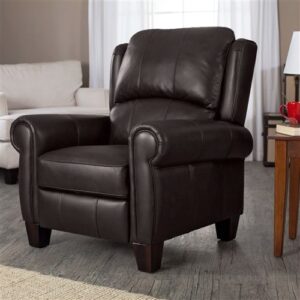 top grain leather upholstered wingback recliner club chair in chocolate brown