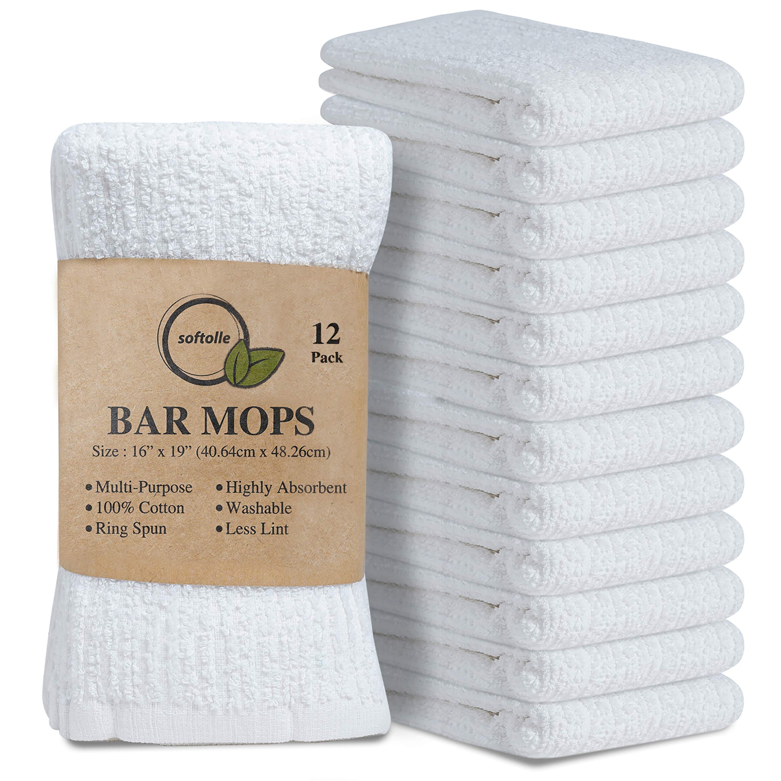 Softolle Kitchen Towels, Pack of 12 Bar Mop Towels -16x19 Inches -100% Cotton White Super Absorbent Towels, Multi-Purpose for Home and Bar Cleaning (White)