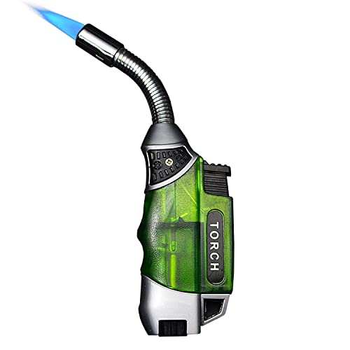 Yeuligo Torch Lighters, Butane Lighter with 360° Flexible Neck and Visible Window, Refillable Grill Lighter with keyhole, Green(without Gas)