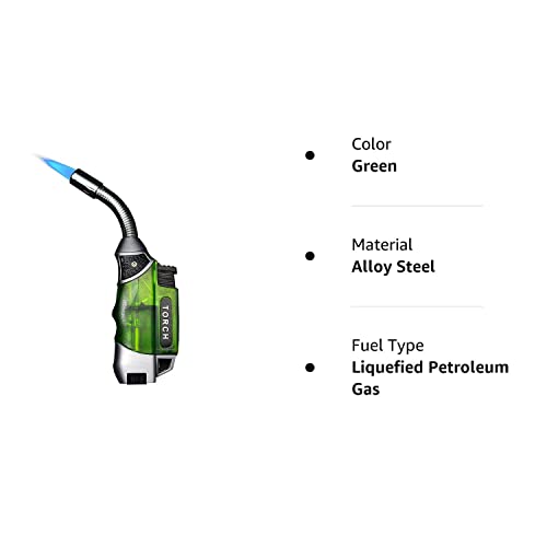 Yeuligo Torch Lighters, Butane Lighter with 360° Flexible Neck and Visible Window, Refillable Grill Lighter with keyhole, Green(without Gas)