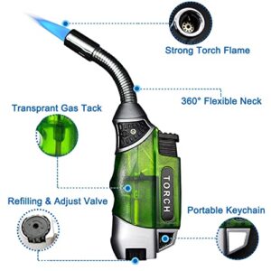 Yeuligo Torch Lighters, Butane Lighter with 360° Flexible Neck and Visible Window, Refillable Grill Lighter with keyhole, Green(without Gas)