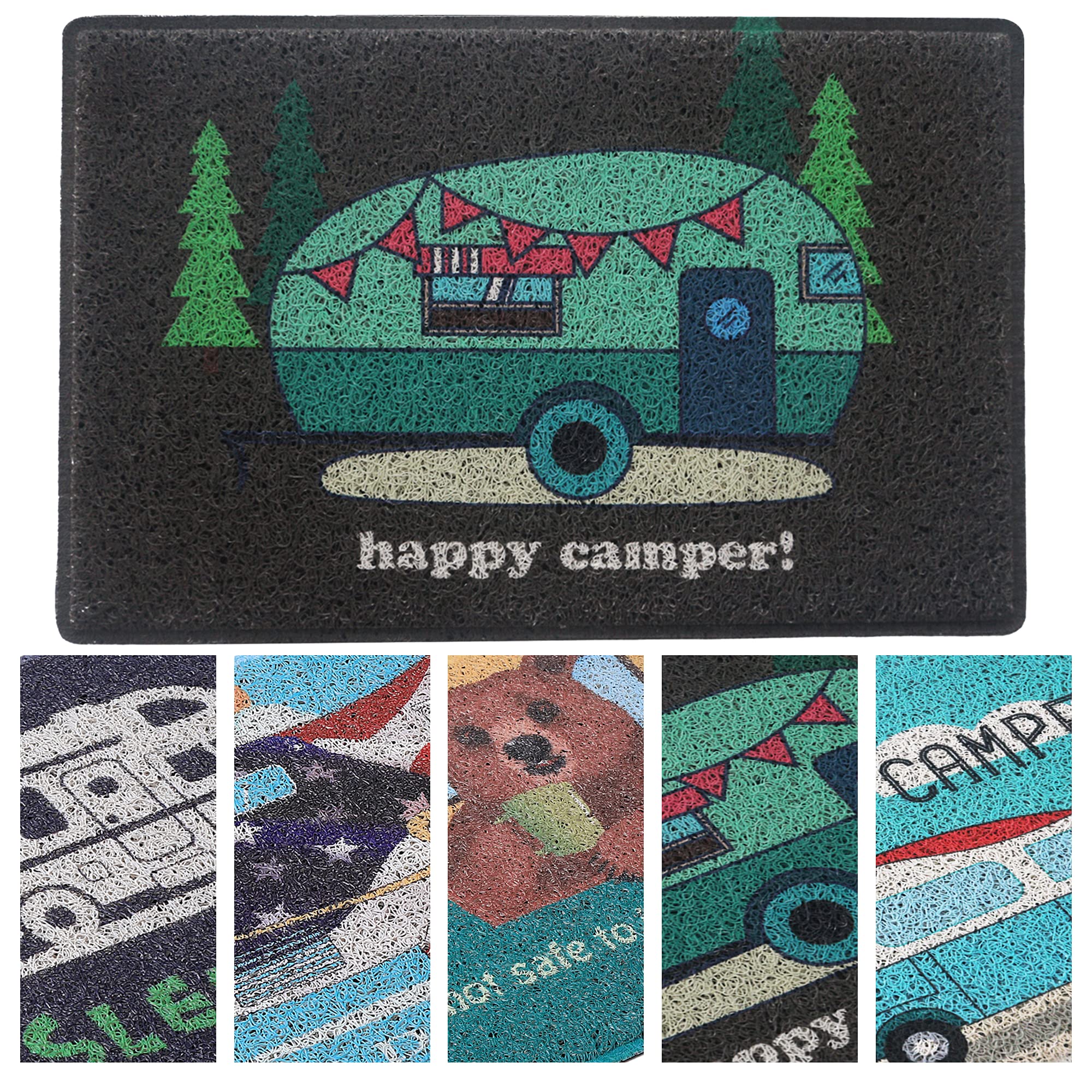 Aucuda Happy Camper RV Door Mat for Indoor Outside Entrance, Camper Entrway Rugs Welcome Mat for Front Door, RV, 24"x16" Non-Slip Front Door Mats for Summer, Waterproof Camping Door Mat Trap Dirt,Grey