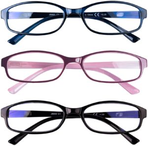 3 pack blue light blocking reading glasses, anti glare computer readers +2.25 for women men, ladies magnification eyeglasses