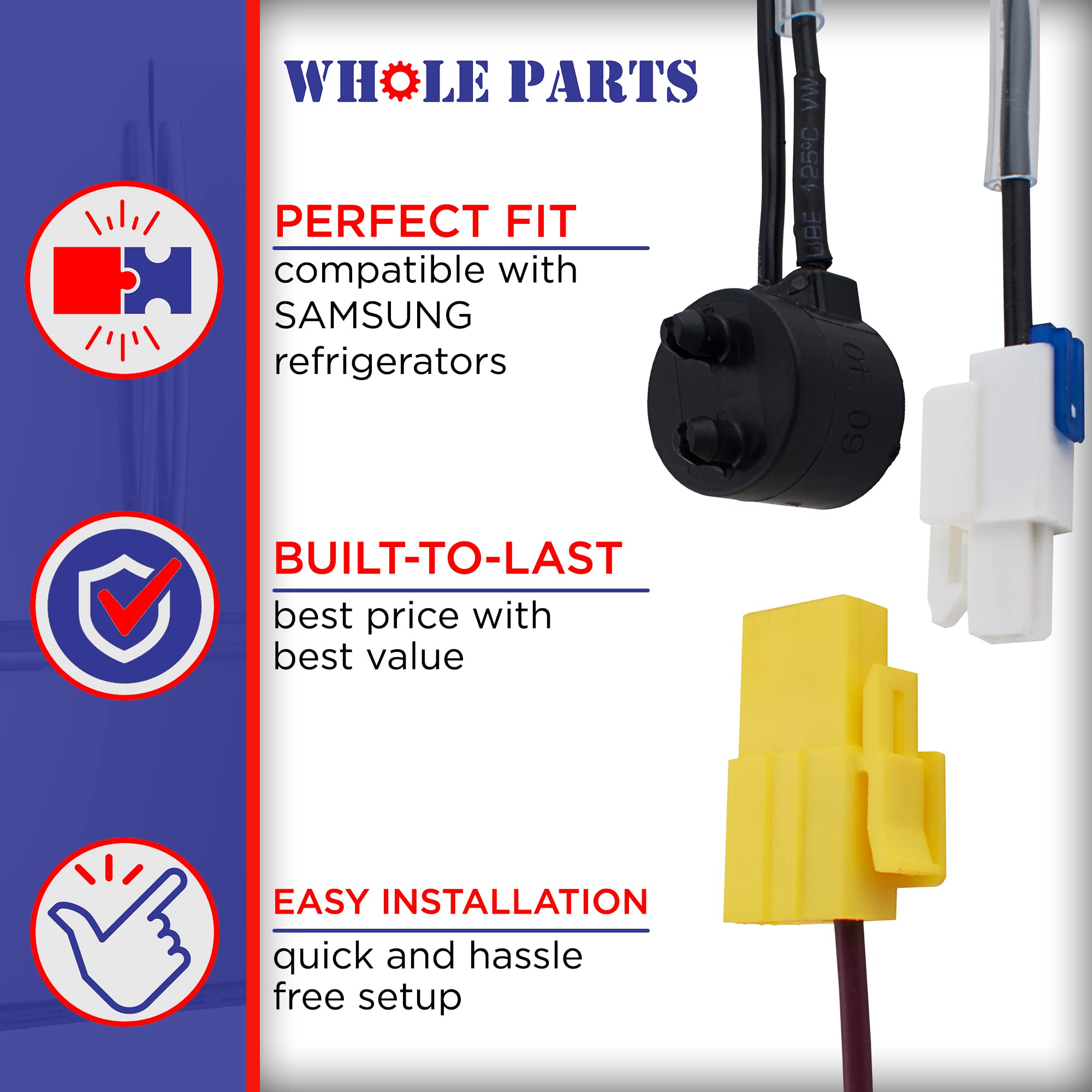 Whole Parts Part #DA47-00322J Refrigerator Defrost Heater & Bi-Metal Defrost Thermostat Assembly, Replacement & Compatible w/Some Samsung, Non-OEM Appliance Parts, 2 Yr Warranty Replacement Policy