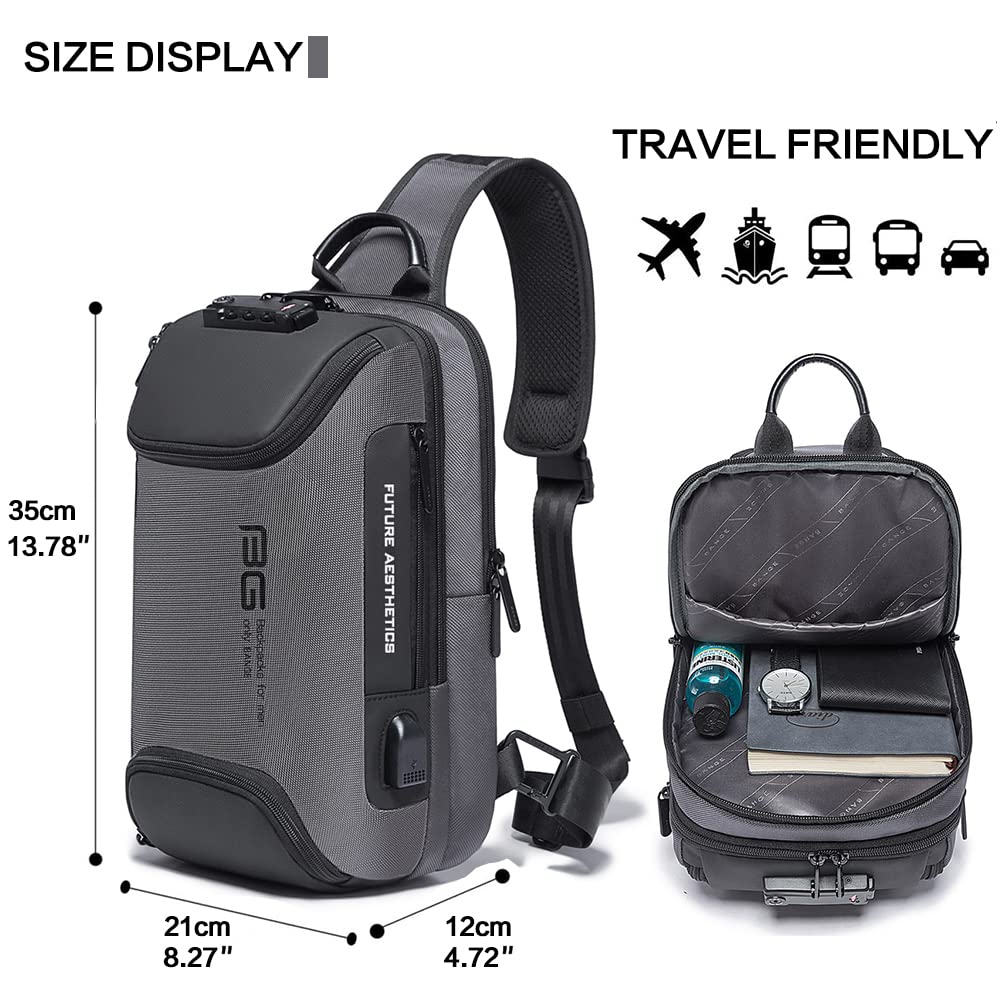 Anti Theft Sling Bag Shoulder Crossbody Bags Sling Backpack with USB Charging Port Waterproof Travel Hiking Daypack (Gray)