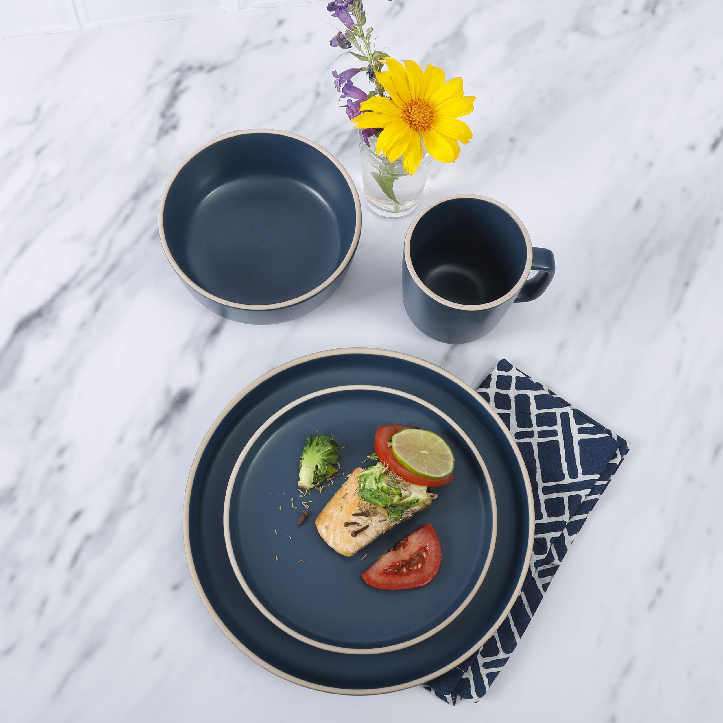 Gibson Home Zuma 16 Piece Round Kitchen Dinnerware Set, Dishes, Plates, Bowls, Mugs, Service for 4, Matte Stoneware, Cobalt Blue (127342.16R)