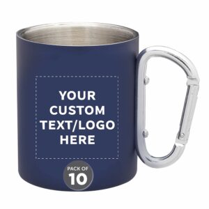 custom stainless steel mugs with carabiner handle 10 oz. set of 10, personalized bulk pack - perfect for coffee, soda, other hot & cold beverages - navy blue