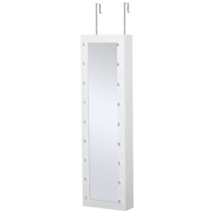 homcom jewelry armoire with mirror and 18 led lights, wall-mounted/over-the-door cabinet with 3 mountable heights, white