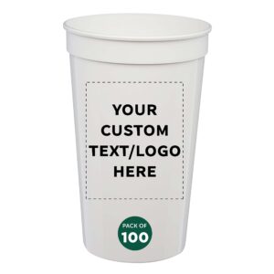 discount promos custom large plastic stadium cups 22 oz. set of 100, personalized bulk pack - perfect for birthdays, picnic, beach, parties - white