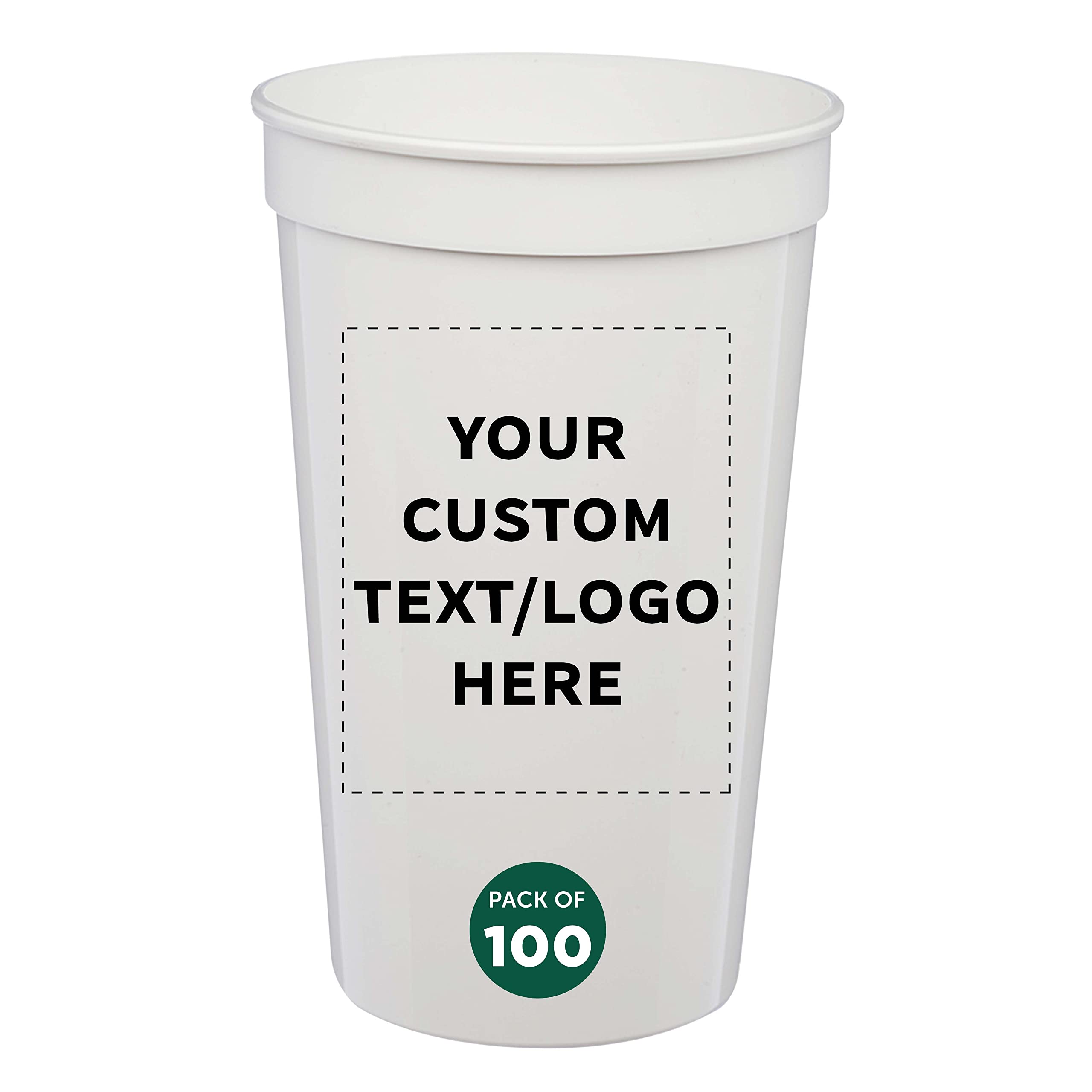 DISCOUNT PROMOS Custom Large Plastic Stadium Cups 22 oz. Set of 100, Personalized Bulk Pack - Perfect for Birthdays, Picnic, Beach, Parties - White