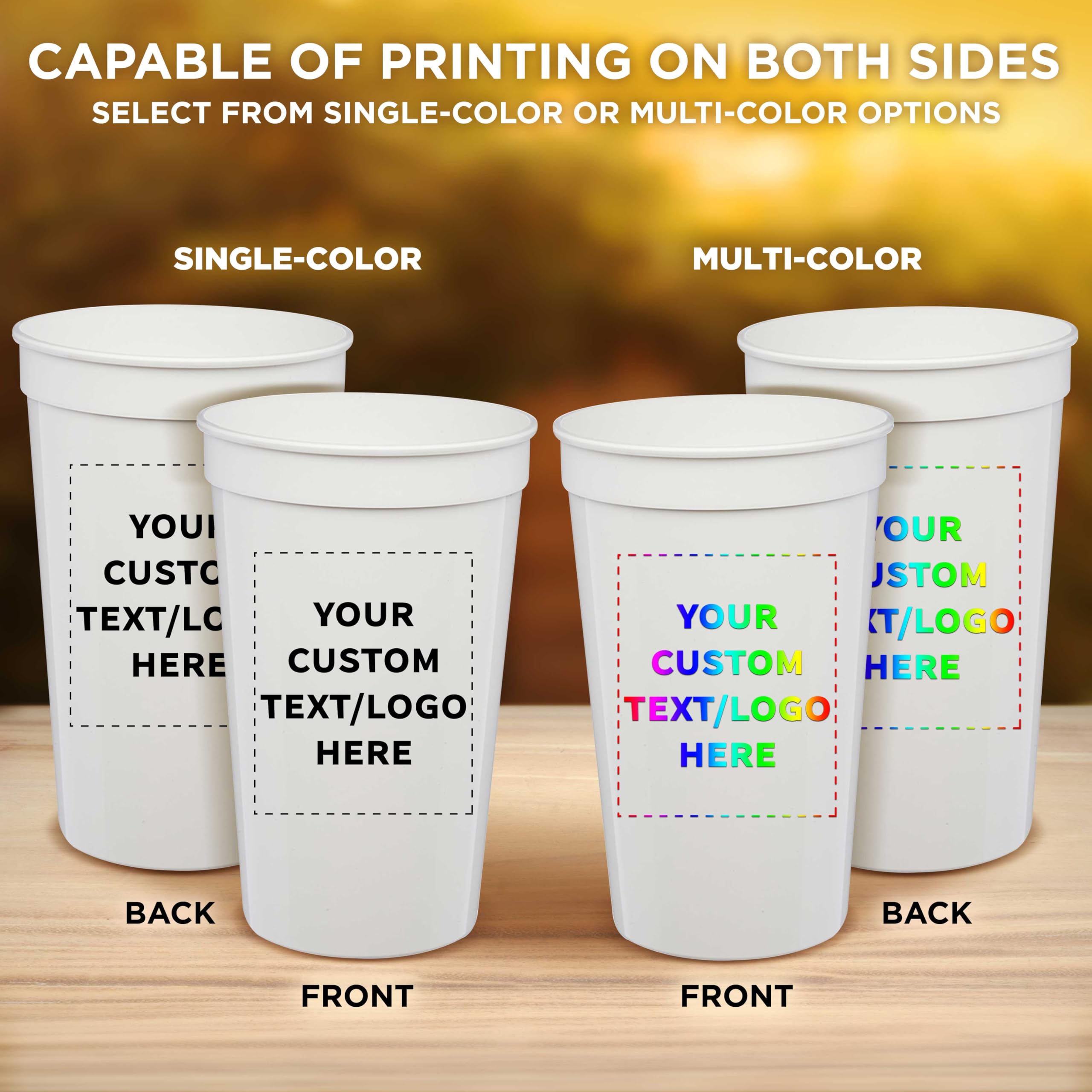 DISCOUNT PROMOS Custom Large Plastic Stadium Cups 22 oz. Set of 100, Personalized Bulk Pack - Perfect for Birthdays, Picnic, Beach, Parties - White