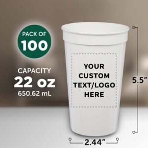 DISCOUNT PROMOS Custom Large Plastic Stadium Cups 22 oz. Set of 100, Personalized Bulk Pack - Perfect for Birthdays, Picnic, Beach, Parties - White