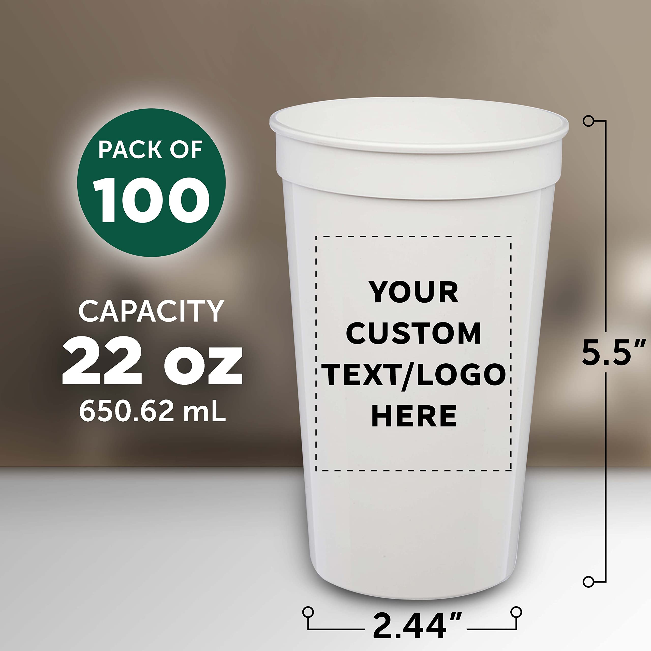 DISCOUNT PROMOS Custom Large Plastic Stadium Cups 22 oz. Set of 100, Personalized Bulk Pack - Perfect for Birthdays, Picnic, Beach, Parties - White