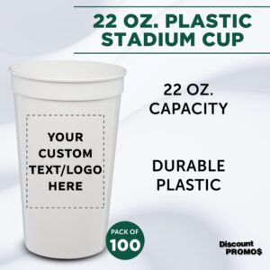 DISCOUNT PROMOS Custom Large Plastic Stadium Cups 22 oz. Set of 100, Personalized Bulk Pack - Perfect for Birthdays, Picnic, Beach, Parties - White