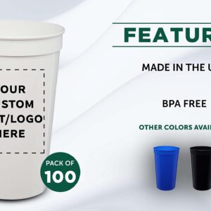 DISCOUNT PROMOS Custom Large Plastic Stadium Cups 22 oz. Set of 100, Personalized Bulk Pack - Perfect for Birthdays, Picnic, Beach, Parties - White