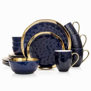 stone lain porcelain 16 piece dinnerware set, service for 4, blue and golden rim, dark blue