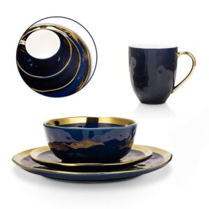 Stone Lain Porcelain 16 Piece Dinnerware Set, Service for 4, Blue and Golden Rim, Dark Blue