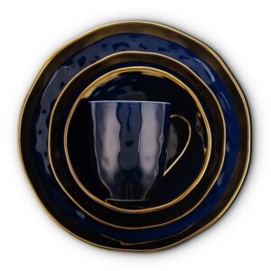 Stone Lain Porcelain 16 Piece Dinnerware Set, Service for 4, Blue and Golden Rim, Dark Blue