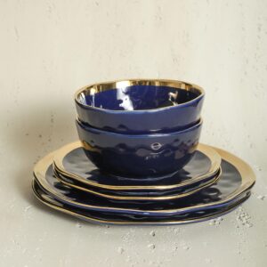 Stone Lain Porcelain 16 Piece Dinnerware Set, Service for 4, Blue and Golden Rim, Dark Blue