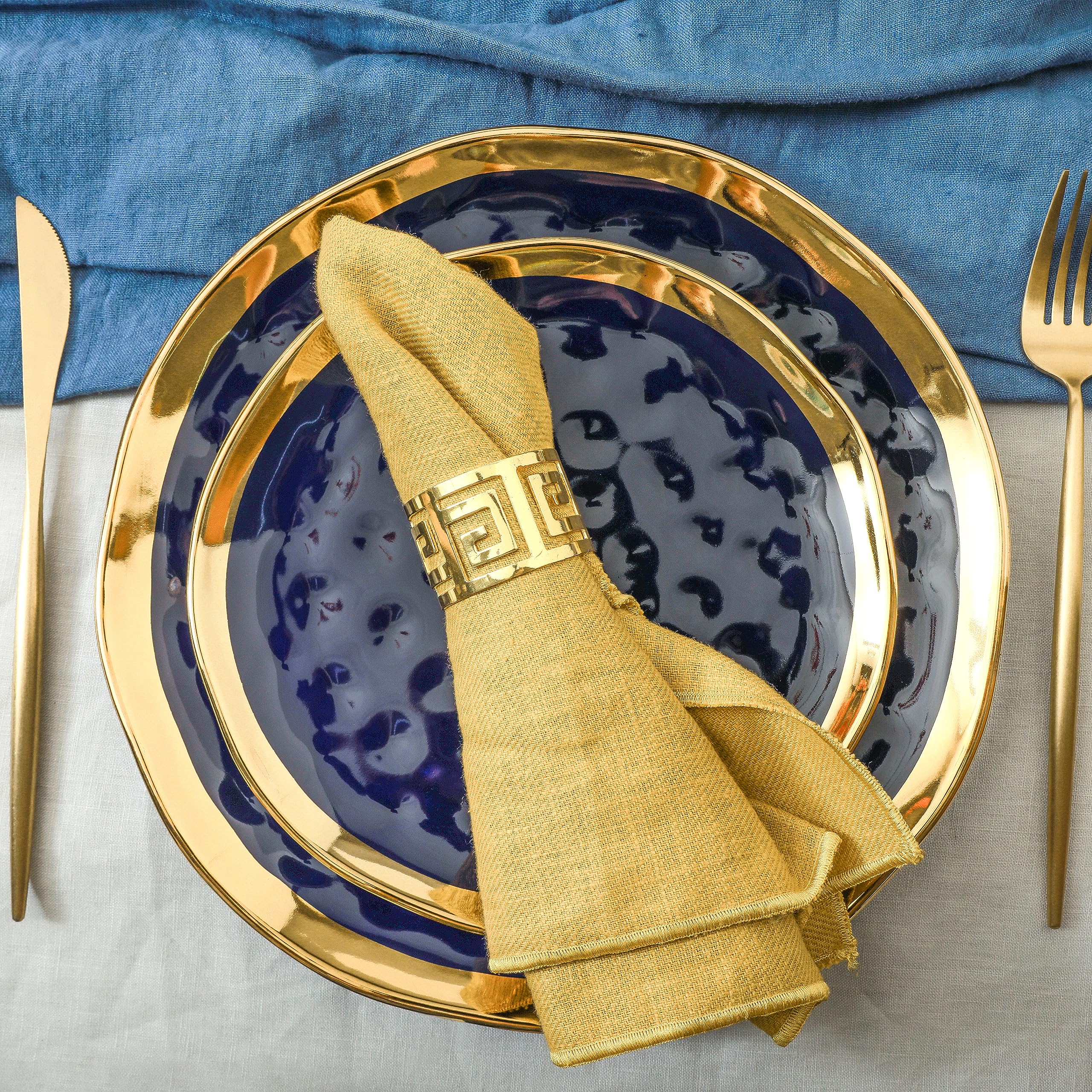 Stone Lain Porcelain 16 Piece Dinnerware Set, Service for 4, Blue and Golden Rim, Dark Blue