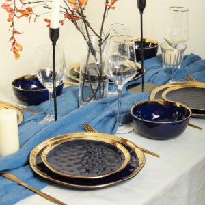 Stone Lain Porcelain 16 Piece Dinnerware Set, Service for 4, Blue and Golden Rim, Dark Blue