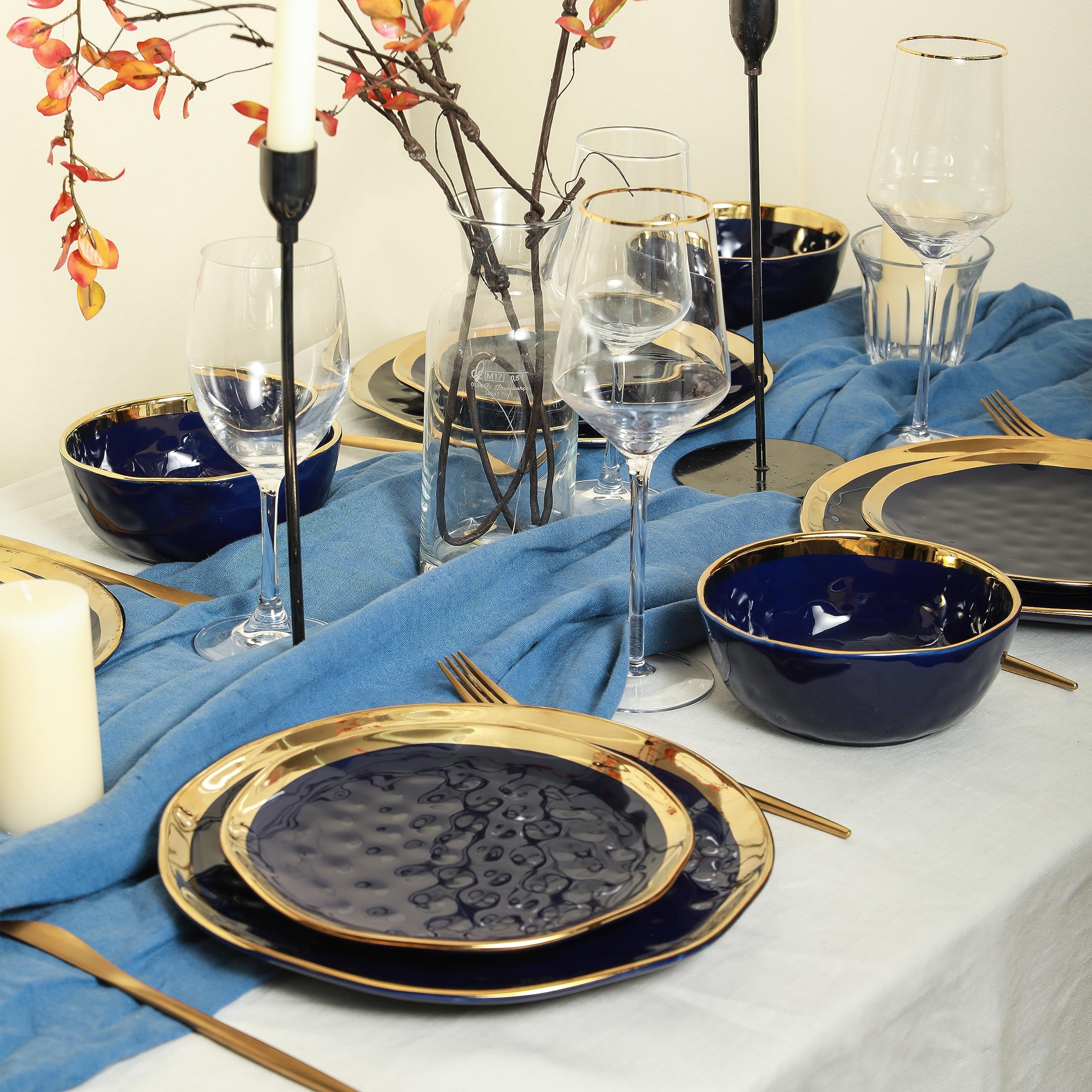 Stone Lain Porcelain 16 Piece Dinnerware Set, Service for 4, Blue and Golden Rim, Dark Blue