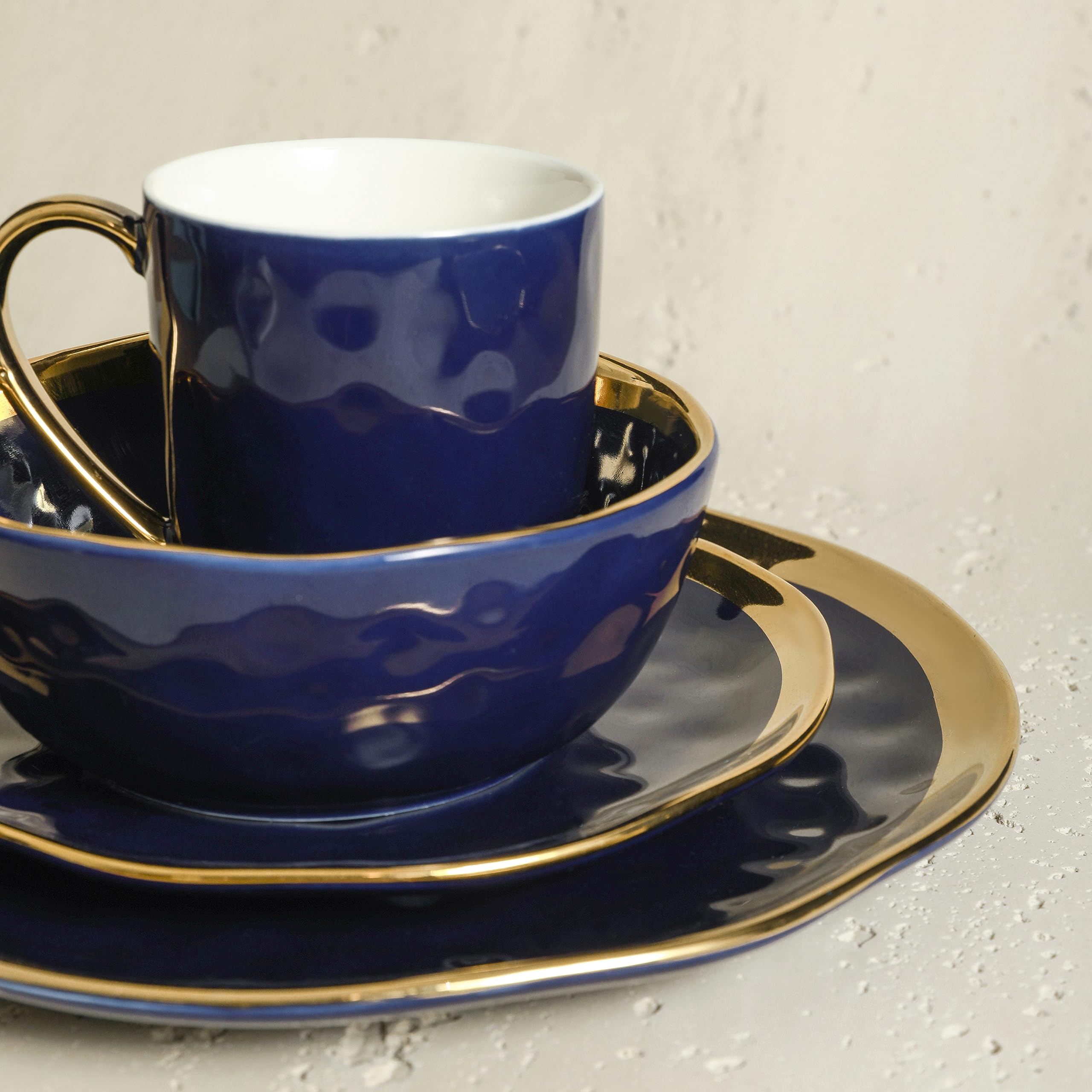 Stone Lain Porcelain 16 Piece Dinnerware Set, Service for 4, Blue and Golden Rim, Dark Blue